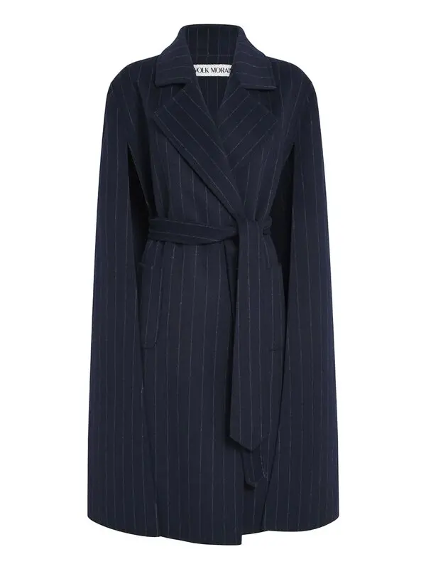 WOLK MORAIS Cashmere Pinstripe Tie-waist Cape Coat - Navy