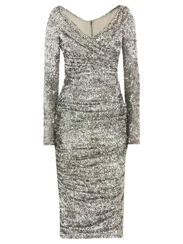 Dolce & Gabbana Sequin Draped Midi Dress - Silver