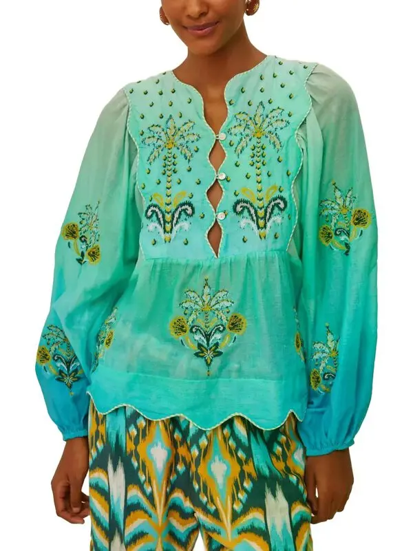 Farm Rio Embroidered Long Sleeve Top - Green