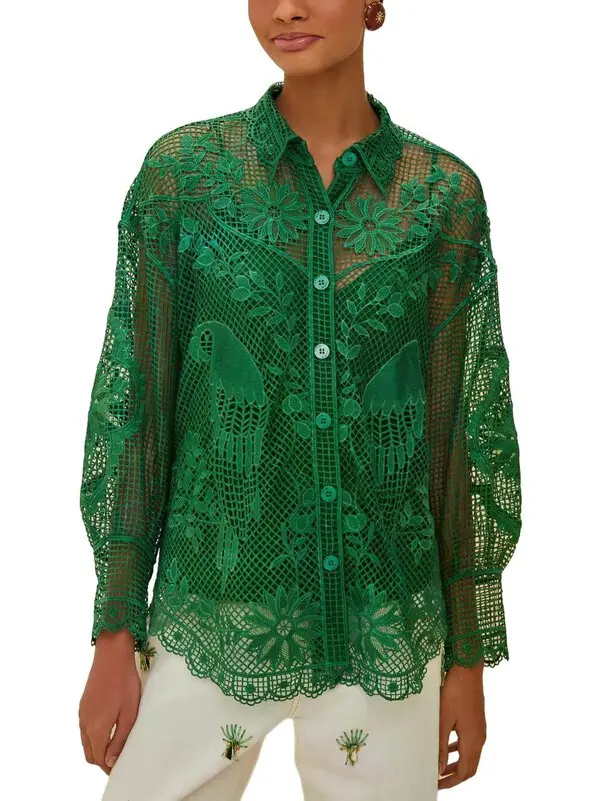 Farm Rio Lace Buttoned Top - Green