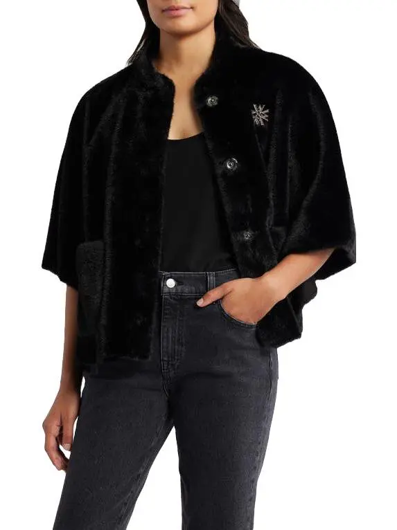 Wit & Wisdom Faux Fur Capelet With Crystal Brooch - Black