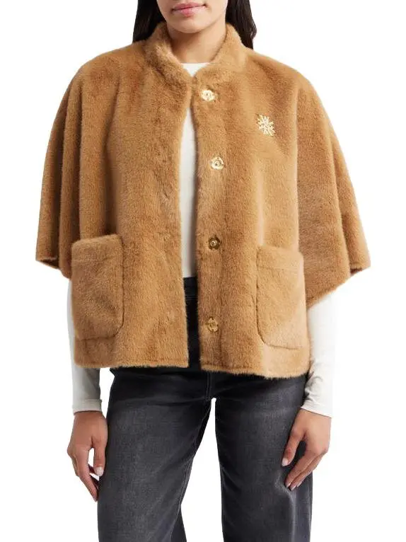 Wit & Wisdom Faux Fur Capelet With Crystal Brooch - Caramel Latte