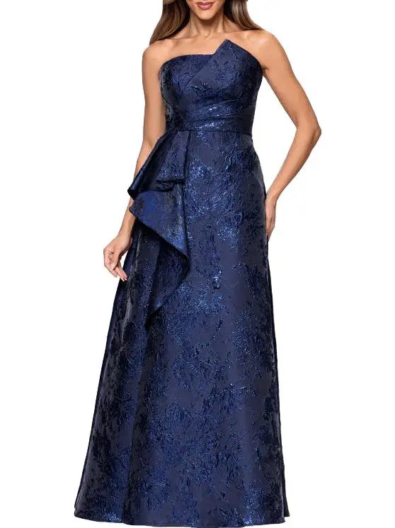 XSCAPE EVENINGS Metallic Brocade Asymmetric Strapless Gown - Navy