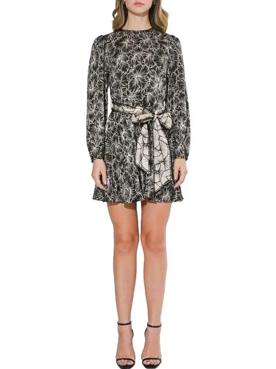 Adelyn Rae Floral Print Mini Dress With Sash - Black/cream