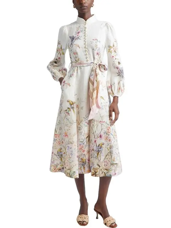 Zimmermann Rebellion Linen Button Midi Dress - Cream Aviary