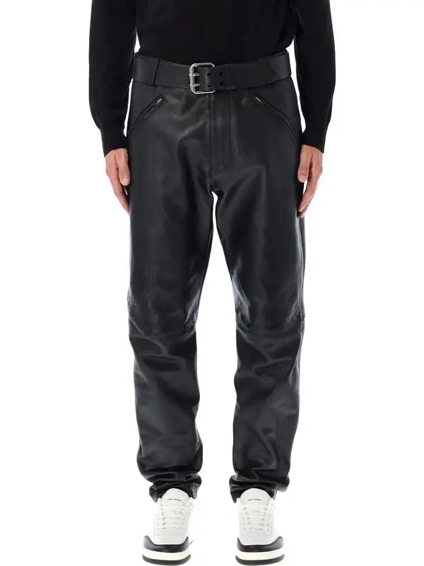 Saint Laurent Grained Leather Belted Pants - Black