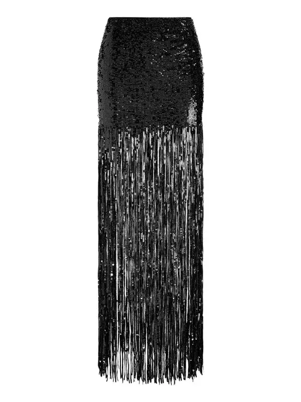 Alice + Olivia Kendra Sequined Fringe Maxi Skirt - Black