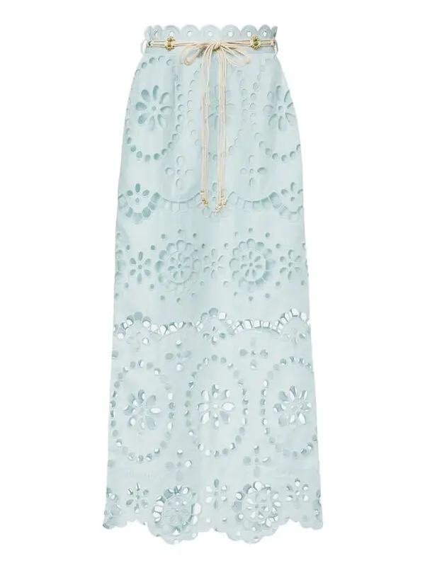 Zimmermann Awaken Embroidered Linen Midi Skirt - Blue