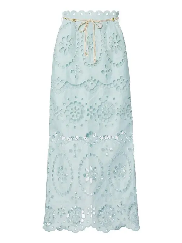 Zimmermann Awaken Embroidered Linen Midi Skirt - Blue