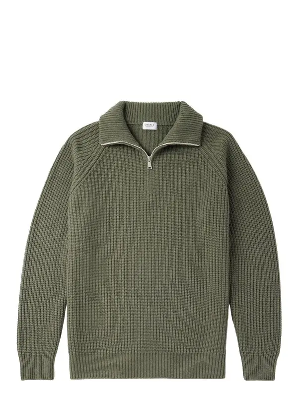 GHIAIA Ribbed Wool Half-zip Sweater - Green