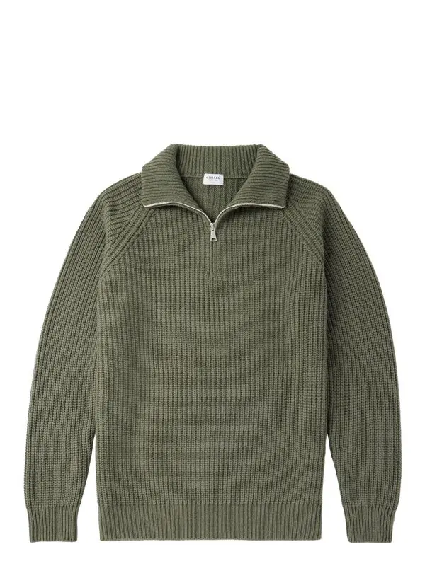 GHIAIA Ribbed Wool Half-zip Sweater - Green