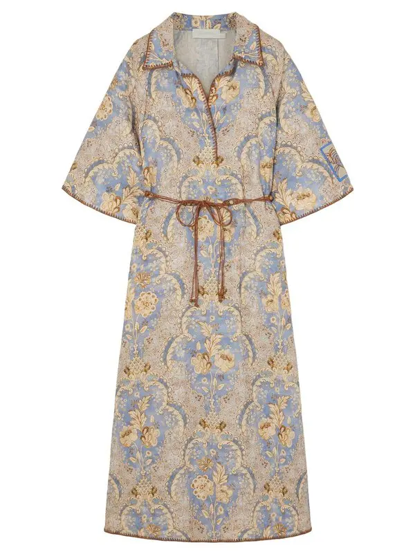 Zimmermann Daylight Belted Printed Linen Midi Dress - Blue
