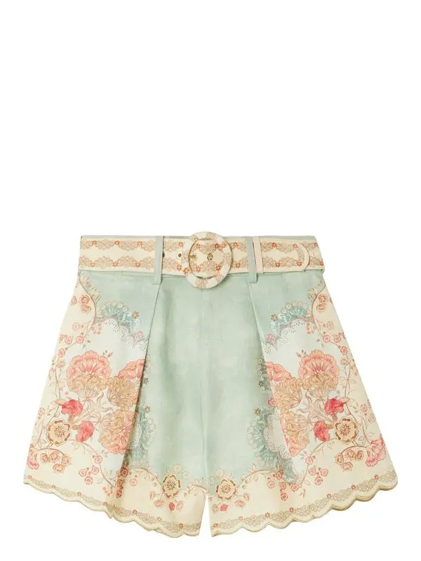 Zimmermann Daylight Belted Scalloped Pleated Printed Linen Shorts - Blue