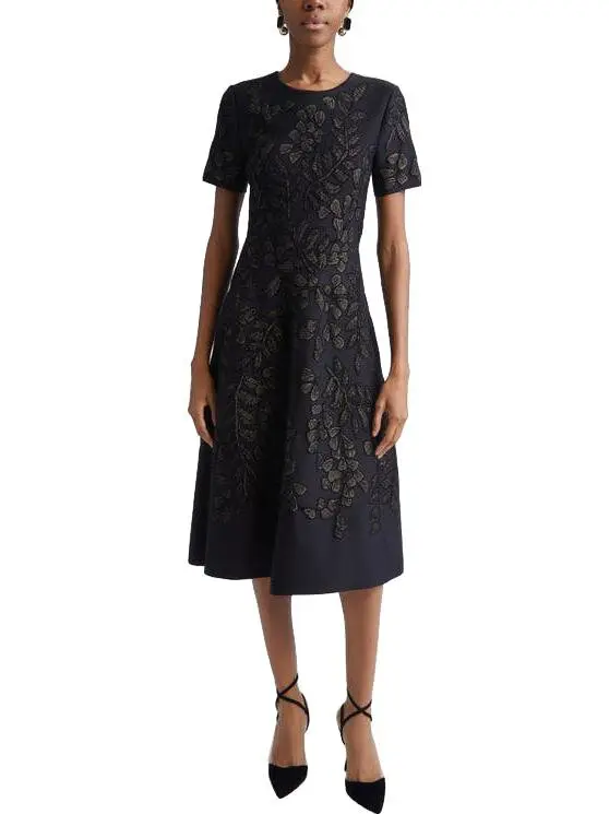 Carolina Herrera Metallic Floral Jacquard Cocktail Midi Dress - Black/gold