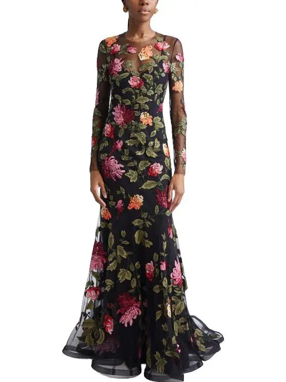 Carolina Herrera Chrysanthemum Embroidered Tulle Trumpet Gown - Black Multi