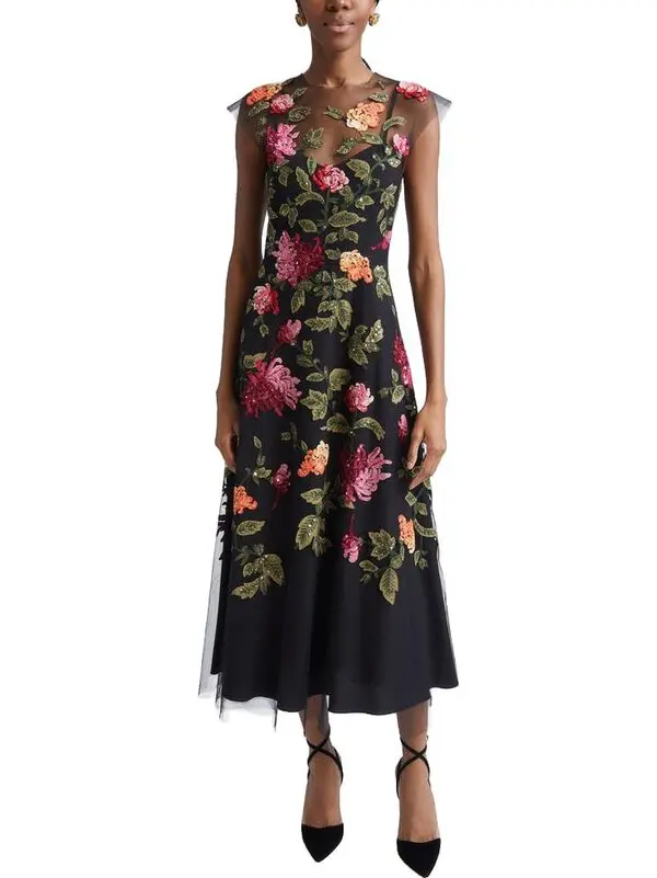 Carolina Herrera Chrysanthemum Embroidered Tulle Midi Dress - Black Multi