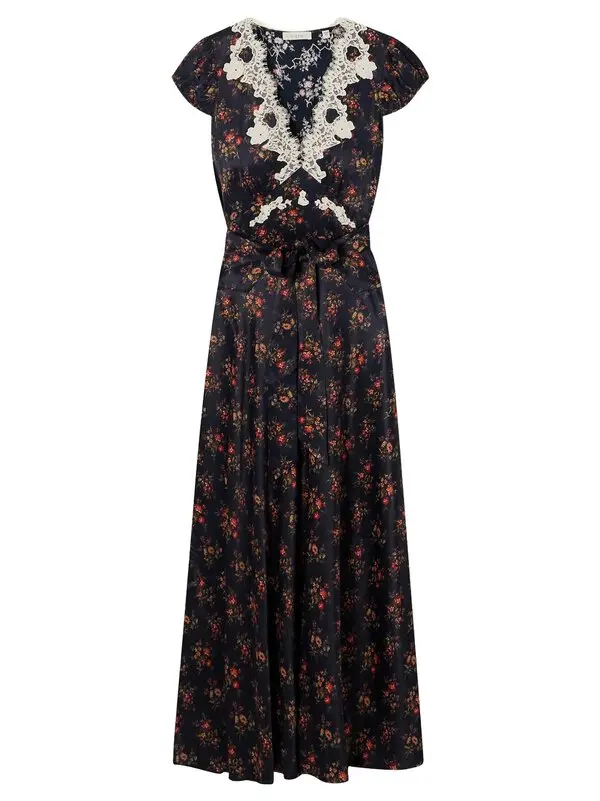 DÔEN Floral-print Satin Midi Dress - Black