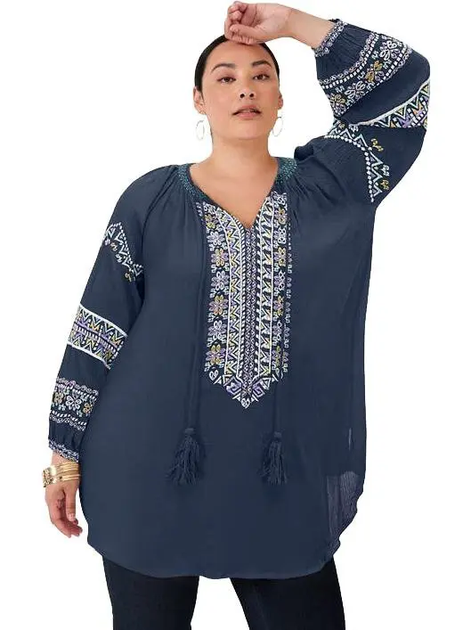JUNE + VIE Embroidered Peasant Blouse - Navy Boho Embroidery