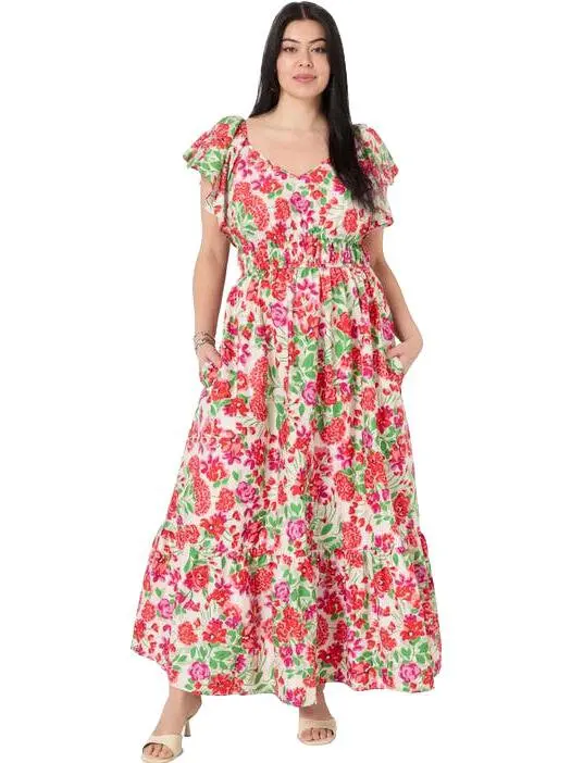 JUNE + VIE Smocked Poplin Maxi Dress - Garden Red