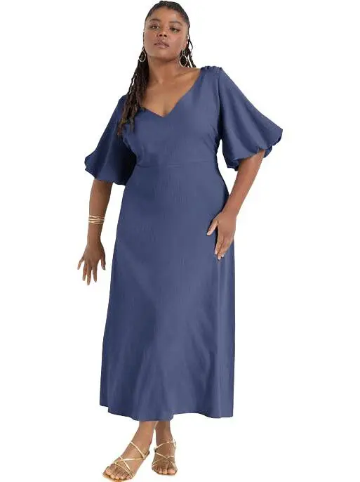 JUNE + VIE Puff-sleeve Babydoll Maxi Dress - Gray Blue