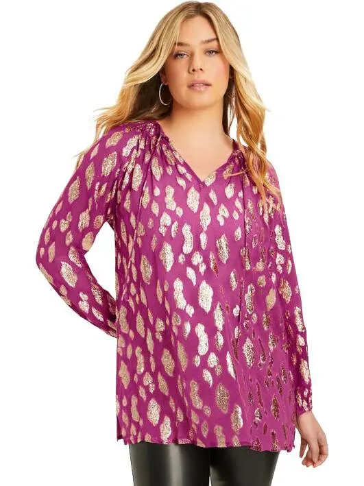 JUNE + VIE Metallic Print Blouse - Raspberry