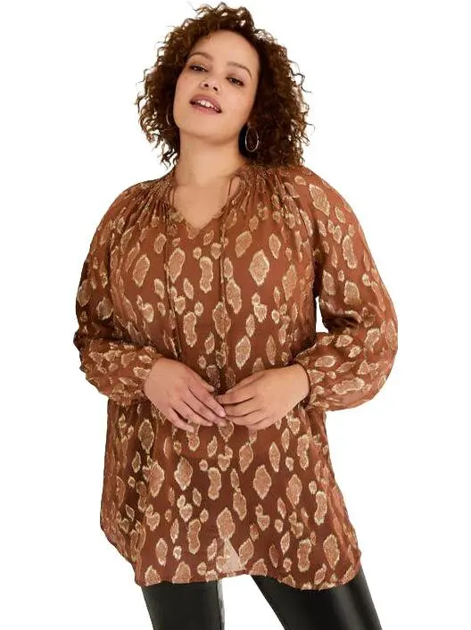 JUNE + VIE Metallic Print Blouse - Redwood Burl