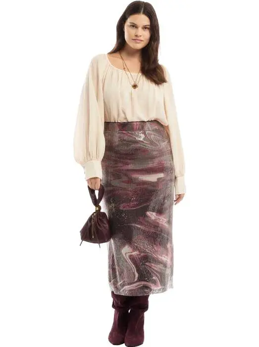 JUNE + VIE Sequined Mesh Column Midi Skirt - Marble