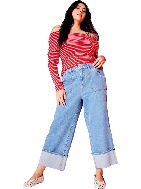 JUNE + VIE Wide-leg Cropped Cuffed Jeans - Medium Vintage Wash