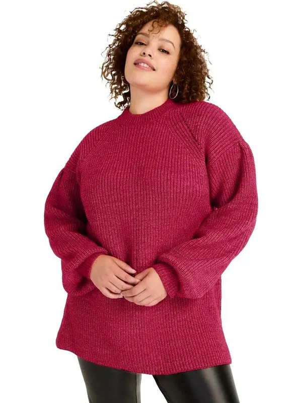 JUNE + VIE Puff Sleeve Mock Neck Sweater - Cherry
