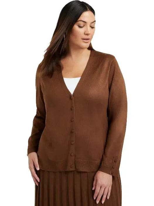 JUNE + VIE V-neck Button-sleeve Cardigan - Cocoa Brown