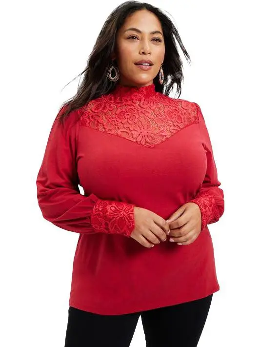 JUNE + VIE Lace Yoke Mockneck Top - Classic Red
