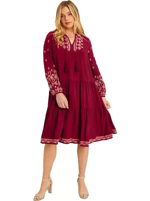 JUNE + VIE Coraline Embroidered Peasant Dress - Rich Burgundy Embroidery Geo