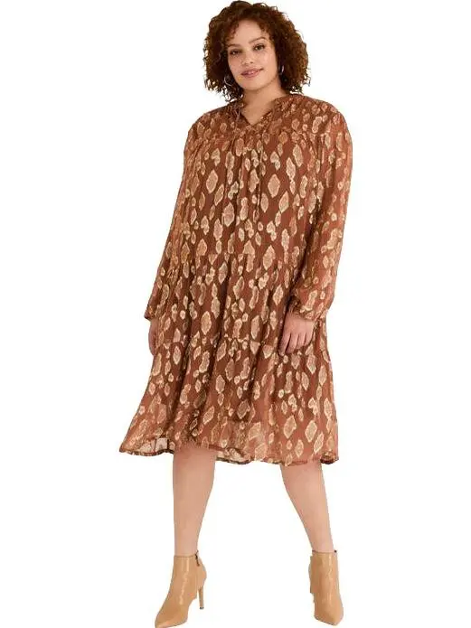 JUNE + VIE Metallic Print Georgette Dress - Redwood Burl
