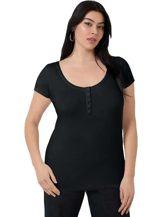 JUNE + VIE Ribbed Henley Top - Black