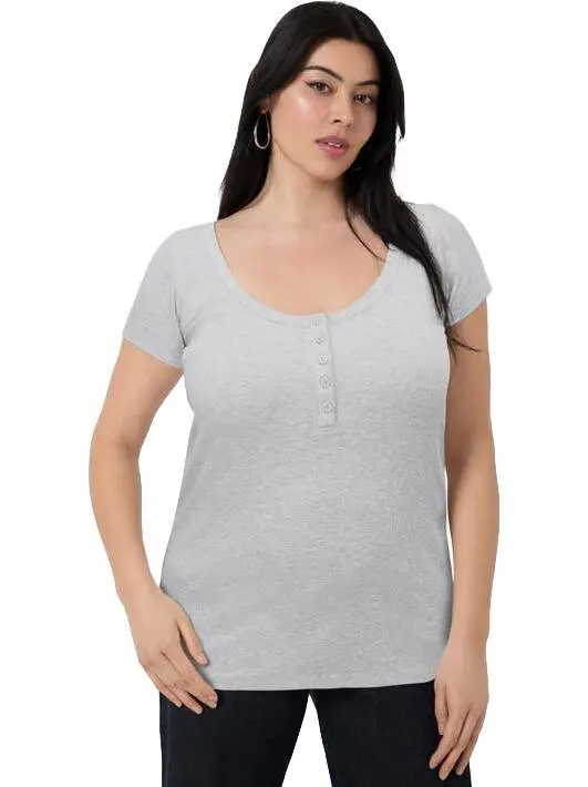 JUNE + VIE Ribbed Henley Top - Heather Grey