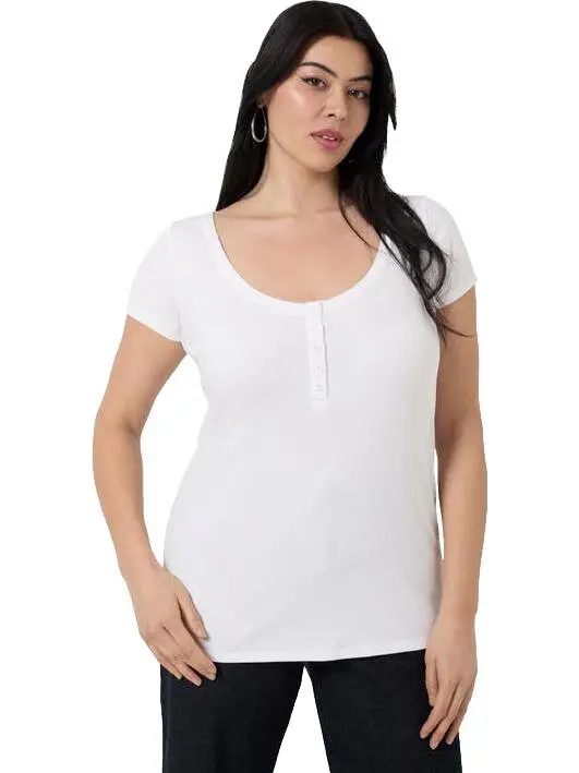JUNE + VIE Ribbed Henley Top - White