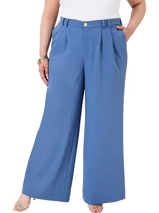 JUNE + VIE Pleated Wide-leg Trousers - Gray Blue