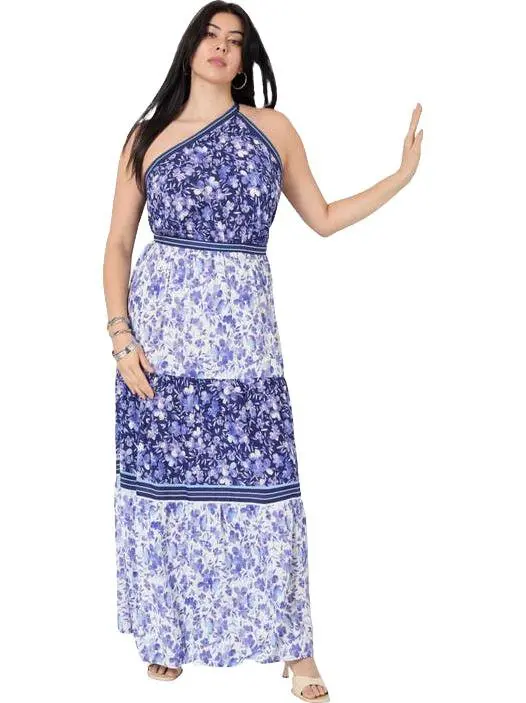 JUNE + VIE One-shoulder Tiered Maxi Dress - Flower Field Blue