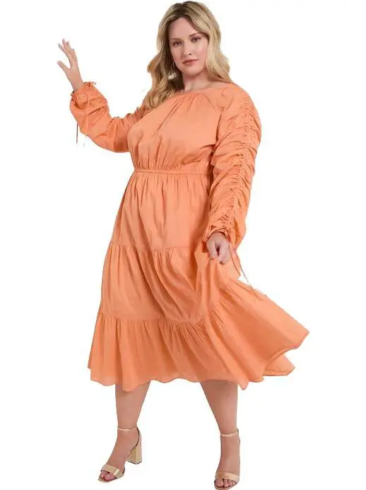 JUNE + VIE Cotton Voile Ruched Midi Dress - Shell Coral