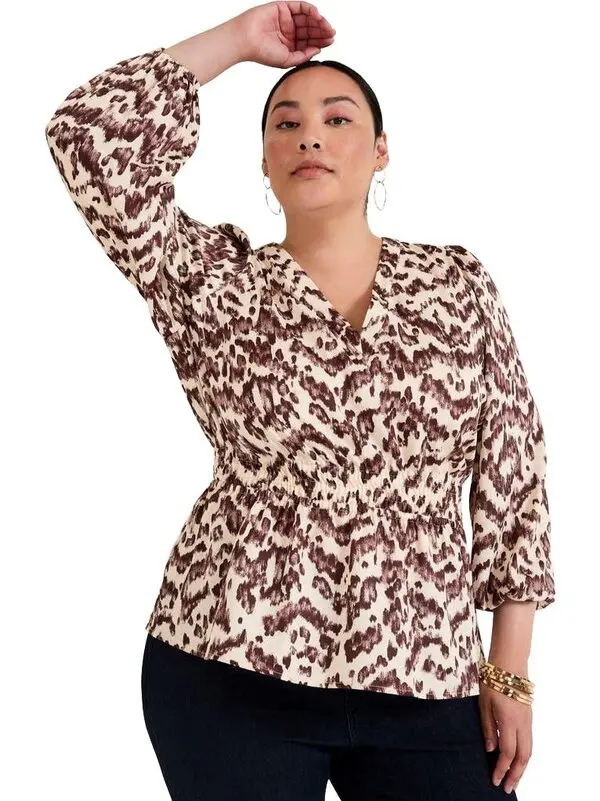 JUNE + VIE Puff-sleeve Peplum Blouse - Botanical Texture Chocolate