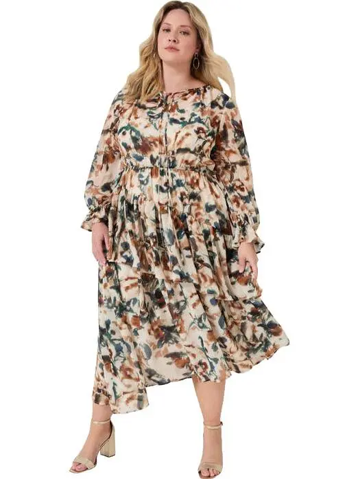 JUNE + VIE Tiered Pleated Midi Dress - Watercolor Floral