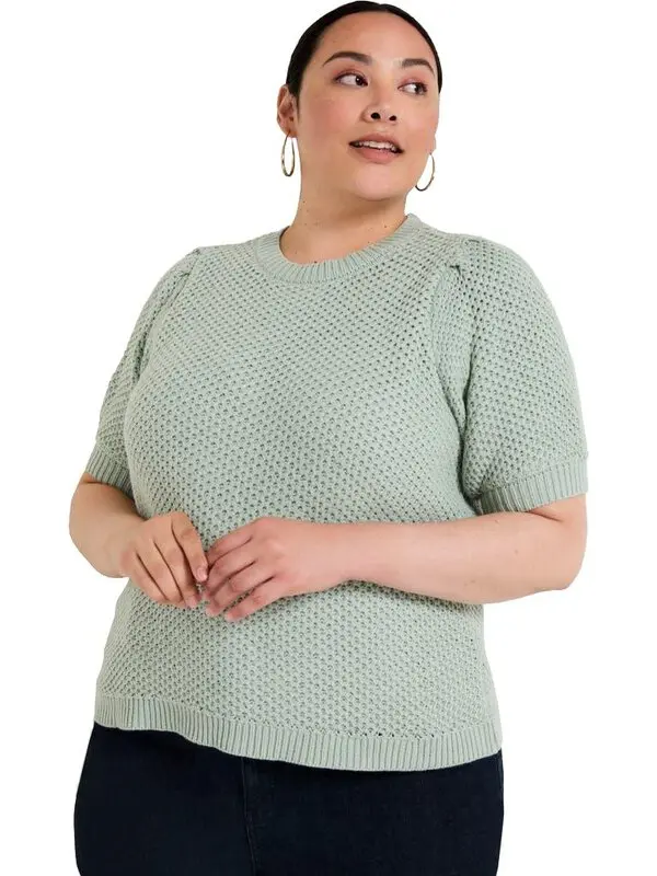 JUNE + VIE Puff-sleeve Knit Crewneck Sweater - Light Jade