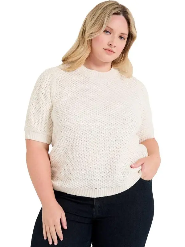 JUNE + VIE Puff-sleeve Knit Crewneck Sweater - Sugar Swizzle