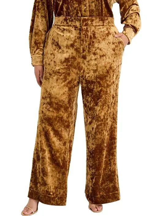 JUNE + VIE Crushed Velvet Wide-leg Pants - Nugget Gold