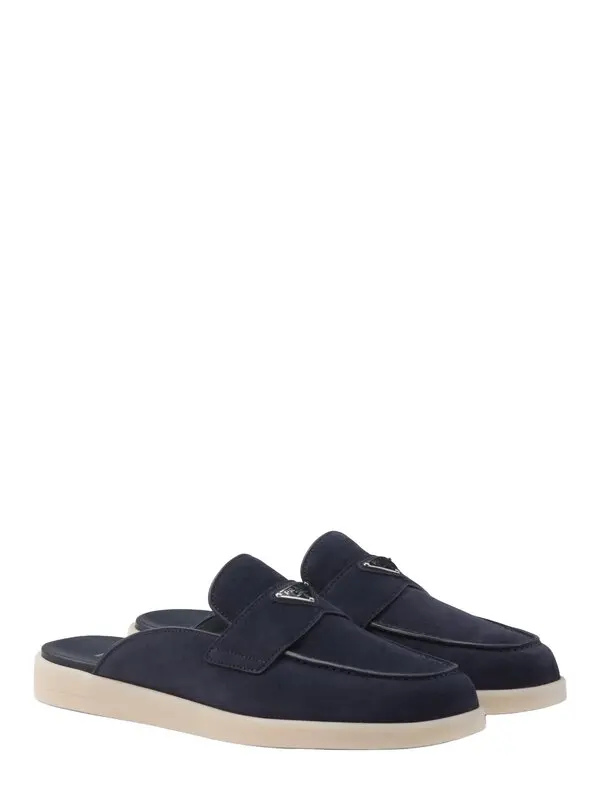 Prada Suede Mules With Enameled Metal Triangle Logo - Blue