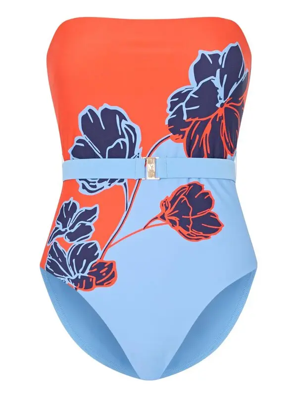 MILLY Strapless Floral One-piece Swimsuit - Orange/blue