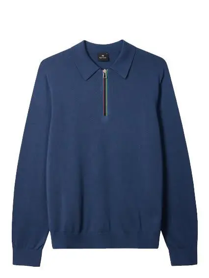 Paul Smith Mid 'sports Stripe' Zip-neck Long-sleeve Polo Shirt - Blue
