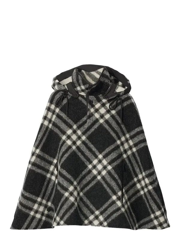 Burberry Check Wool Cape Poncho With Hood - Black