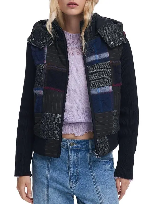 Desigual Padded Crop Jacket With Removable Sleeves And Hood - Black