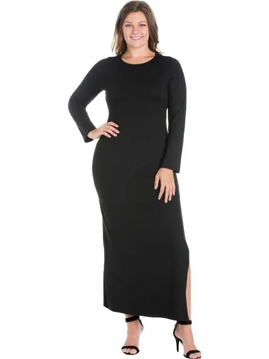 24SEVEN COMFORT APPAREL Long Sleeve Fitted Maxi Dress With Slit - Black